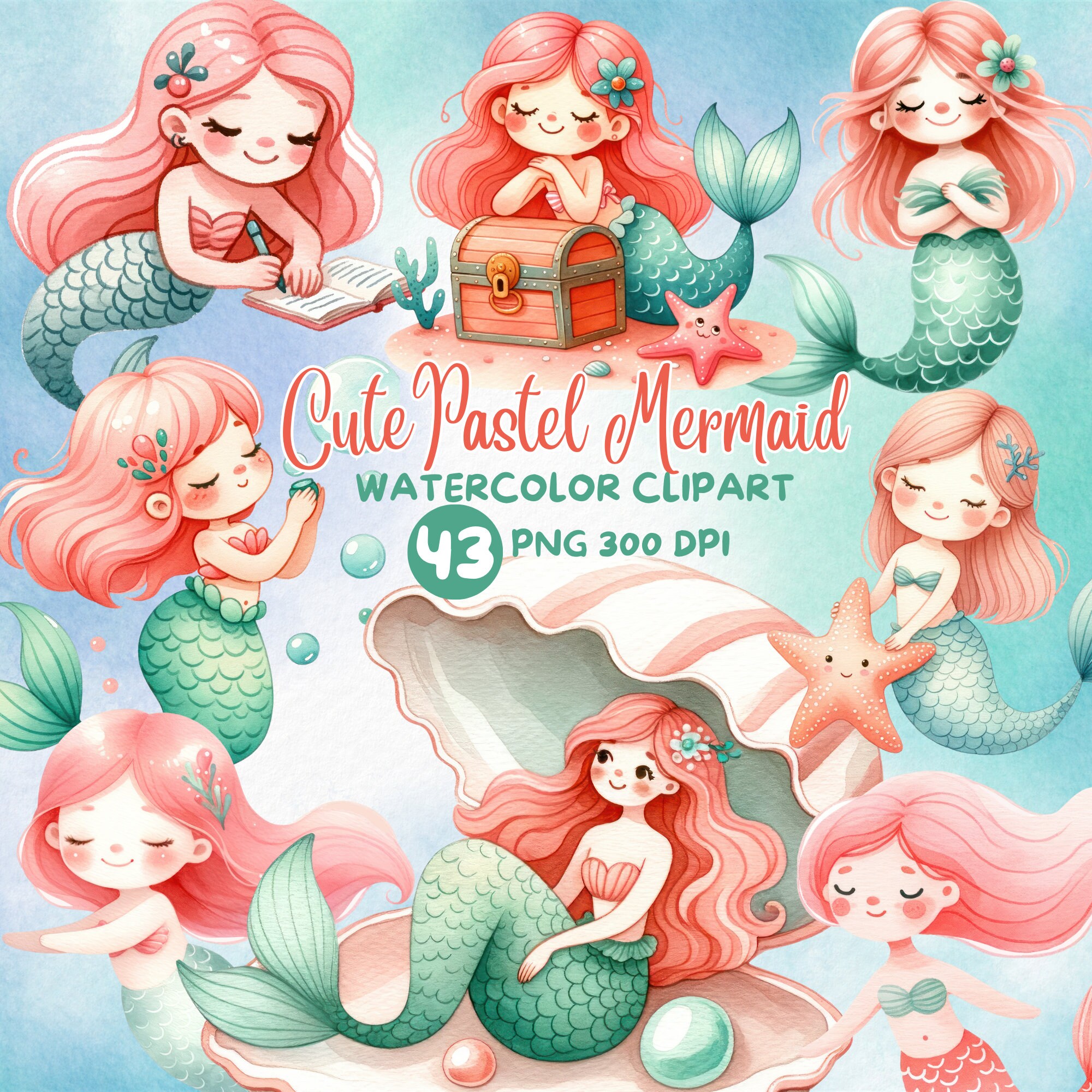 Cute Mermaid Clipart Coral Pastel Mermaid Watercolor Mermaid Clipart ...