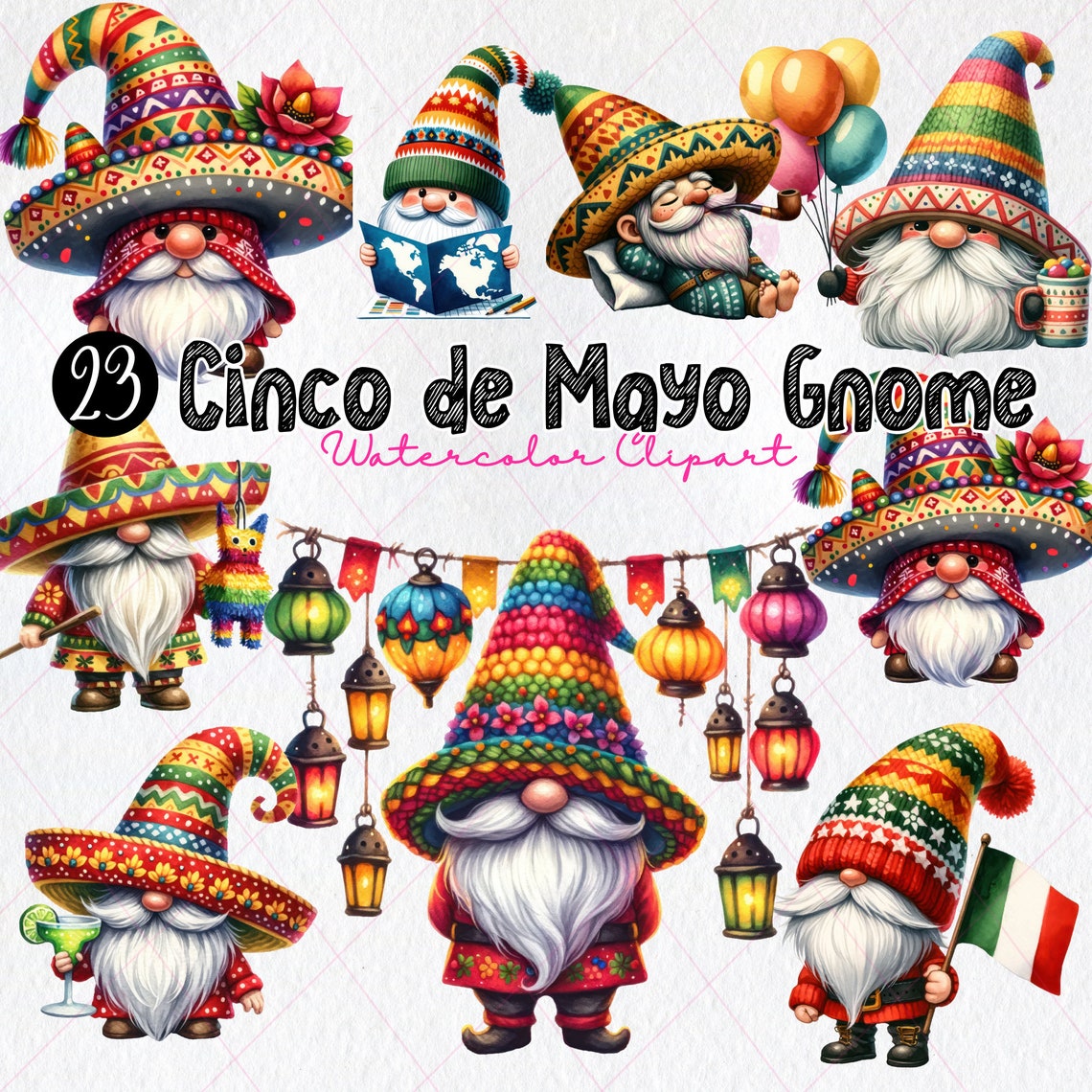 Cinco De Mayo Gnome Clipart, Watercolor Gnome Clipart, Happy Cinco De ...