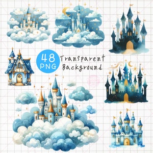 Blue Princess Watercolor Clipart Bundle Cute Princess Carriage Castle ...