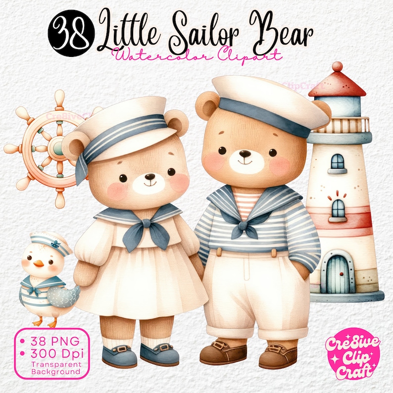 Little Sailor Bear Watercolor Clipart, Sailor Baby Bear, Nursery Clip ...