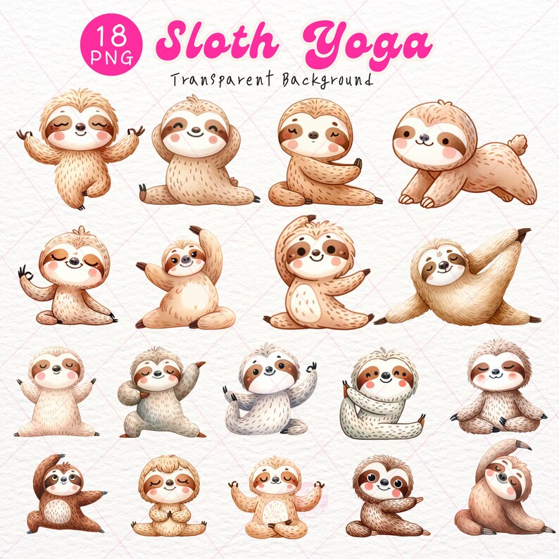 Sloth Yoga Poses, Clipart Bundle, Cute Baby Sloth, Watercolor Animal ...