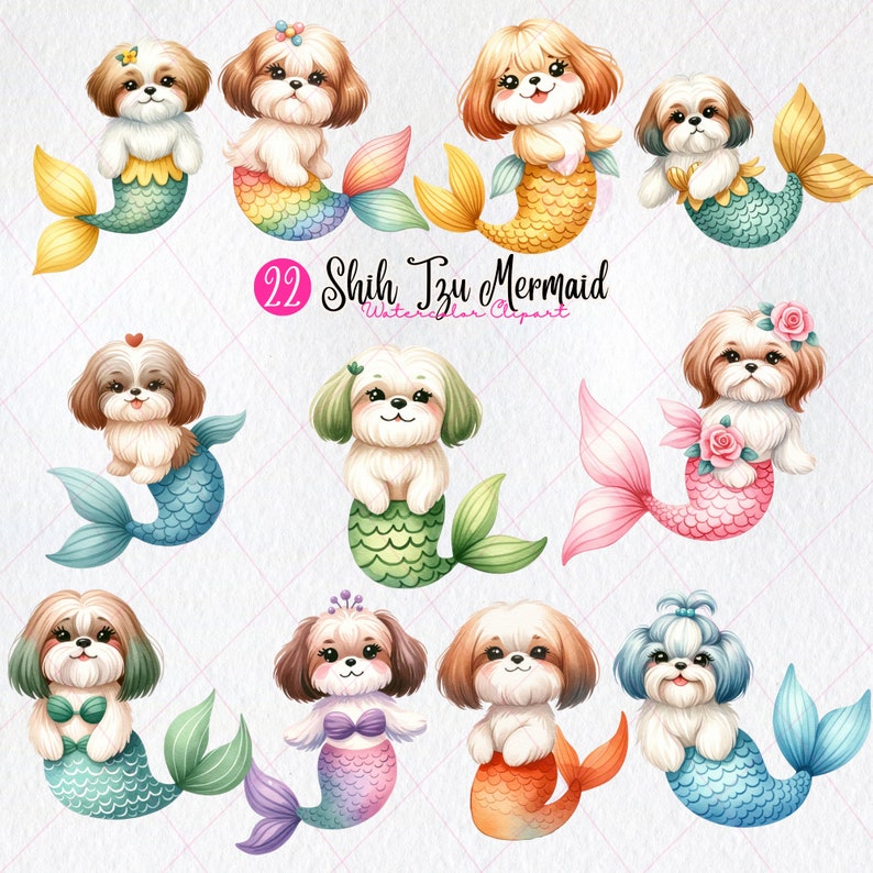 Shih Tzu Dog Mermaid Clipart, Dog Mermaid Watercolor Clipart, Puppy ...