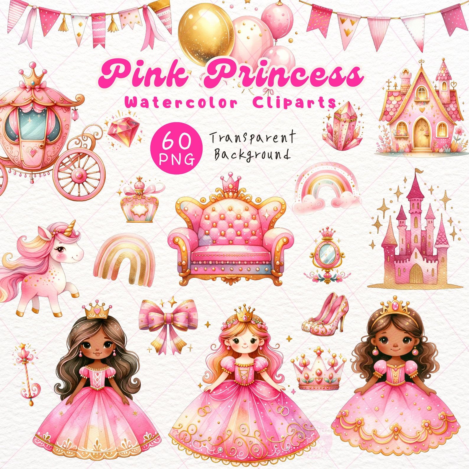 Pink Princess Watercolor Clipart Bundle Cute Princess Carriage Castle ...