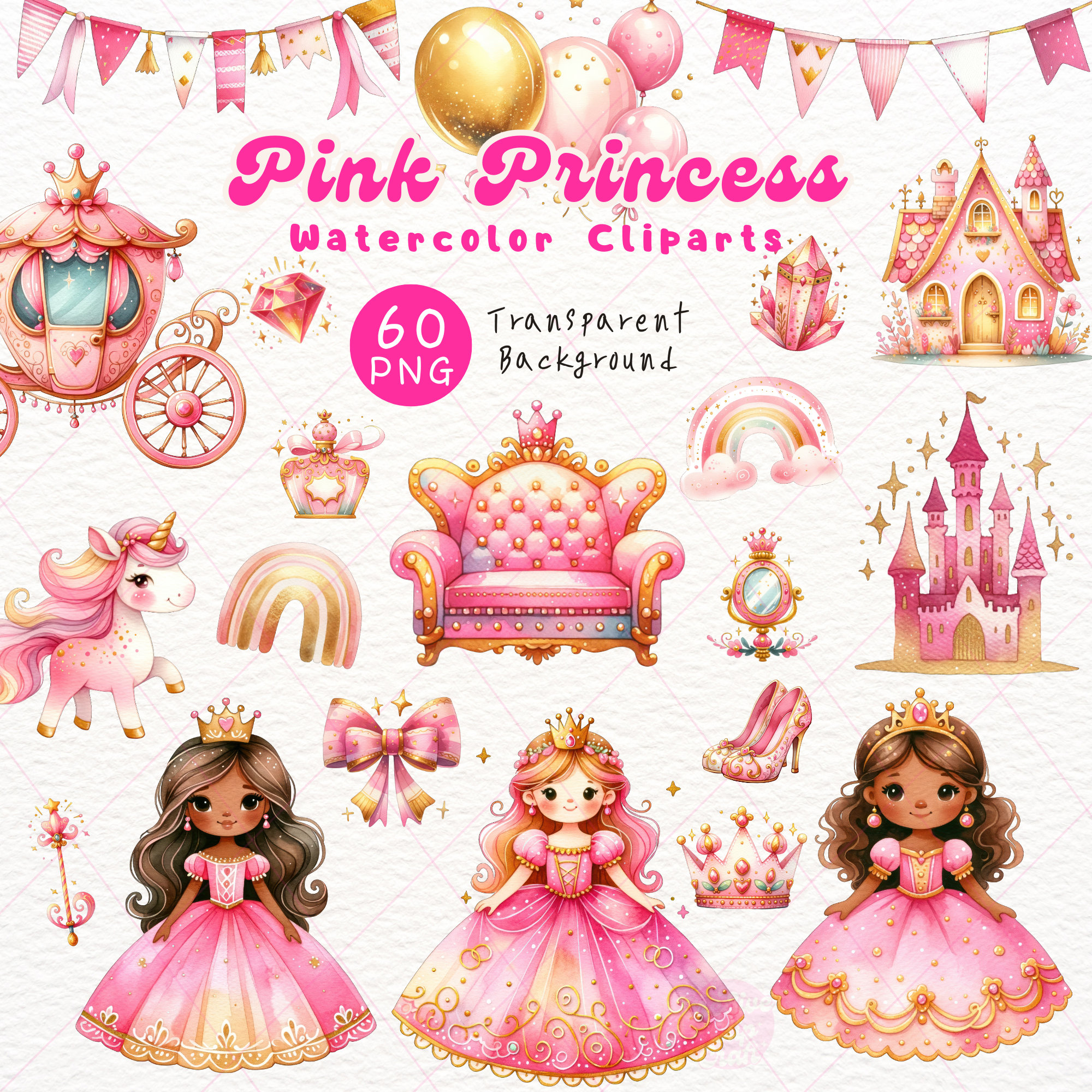 Pink Princess Watercolor Clipart Bundle Cute Princess Carriage Castle ...