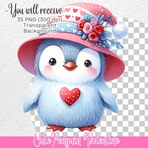 Valentine's Day Clipart, Valentine Cute Penguin Watercolor Clipart ...