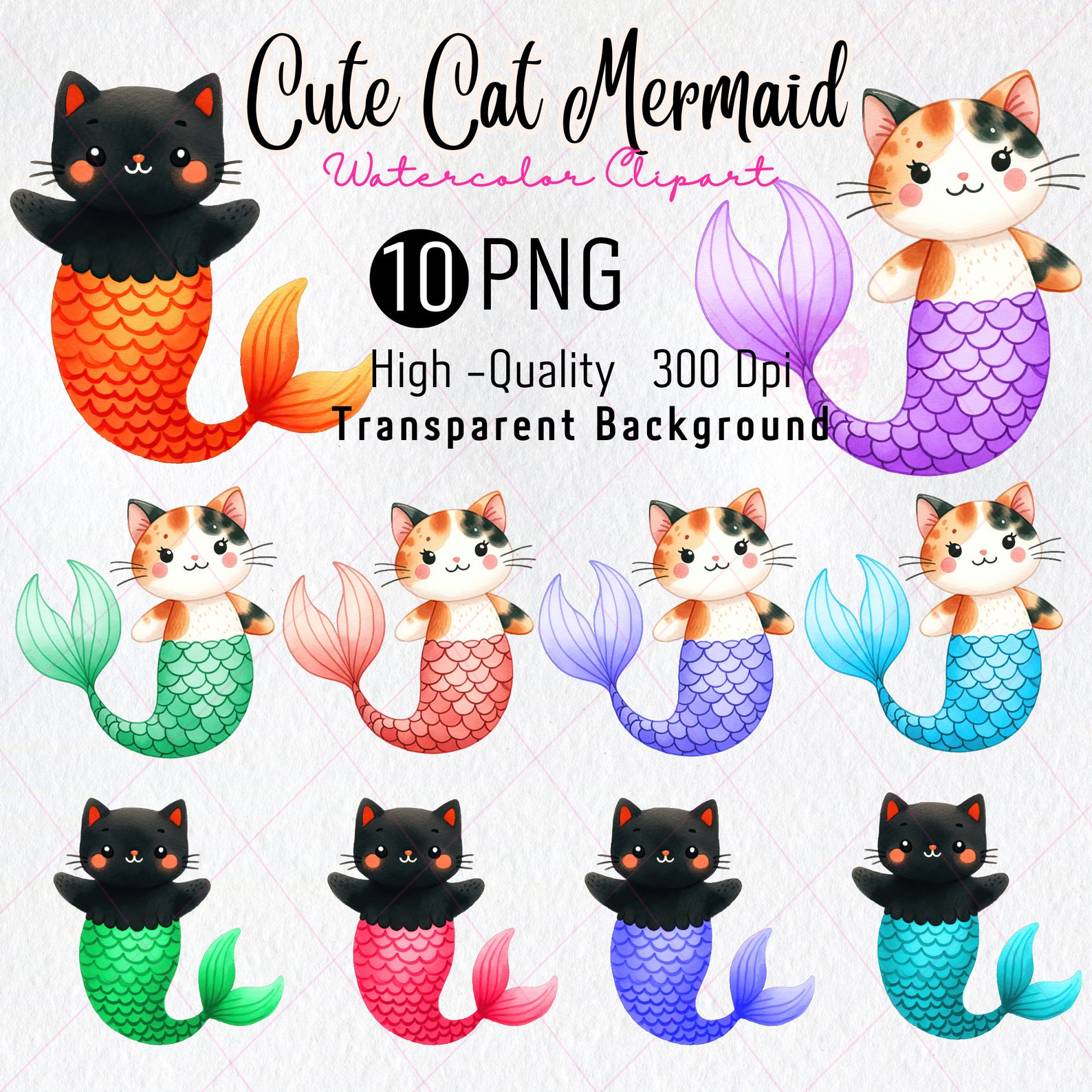 Cute Cat Mermaid Watercolor Clipart, Meowmaid Clipart, Mermaid Kitty ...