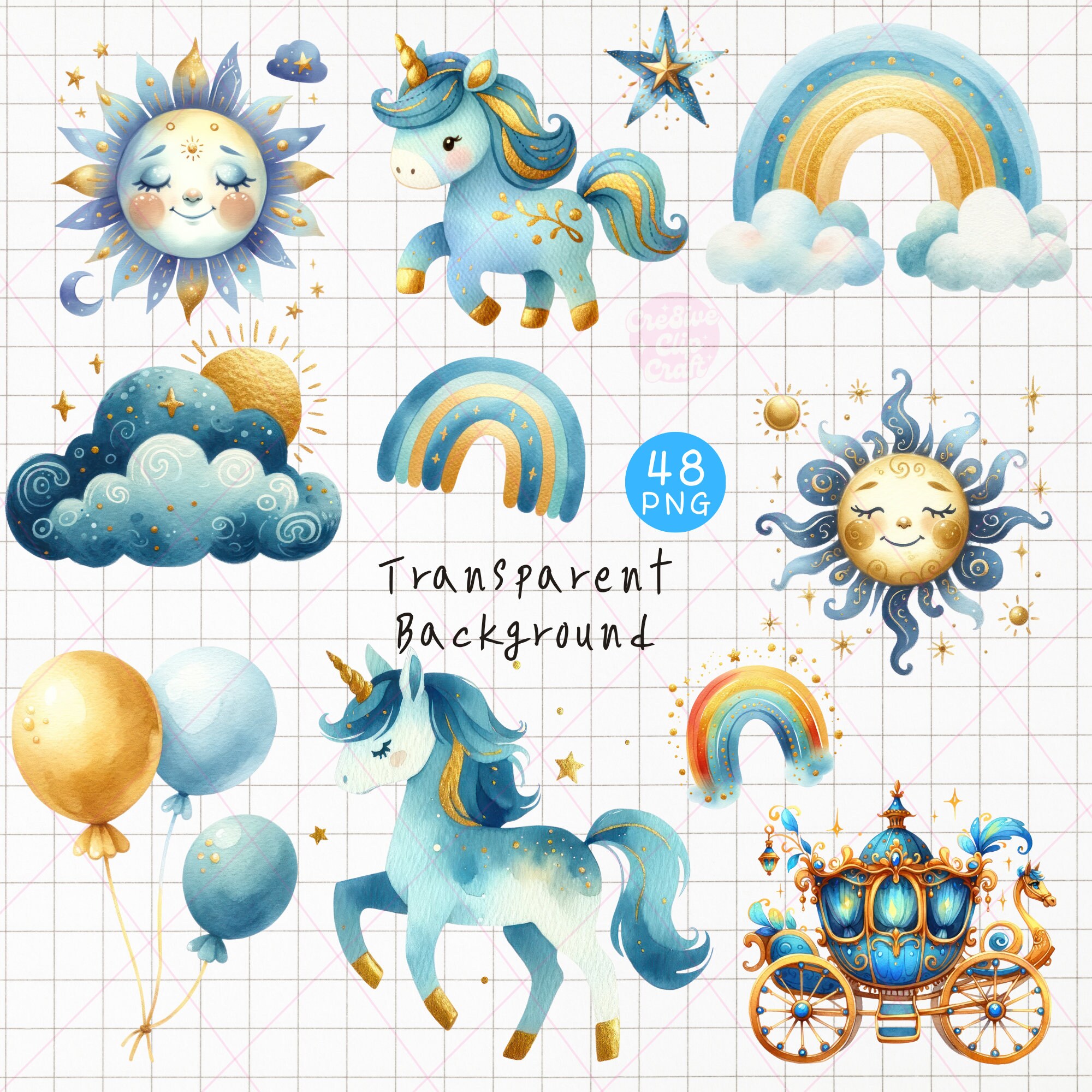 Blue Princess Watercolor Clipart Bundle Cute Princess Carriage Castle ...