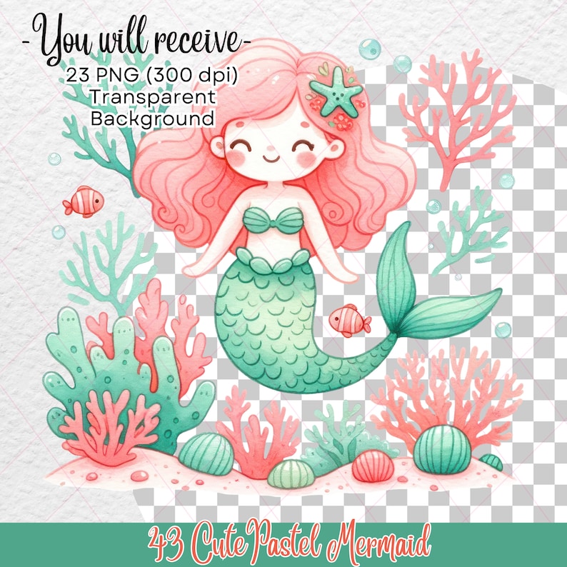Cute Mermaid Clipart Coral Pastel Mermaid Watercolor Mermaid Clipart ...