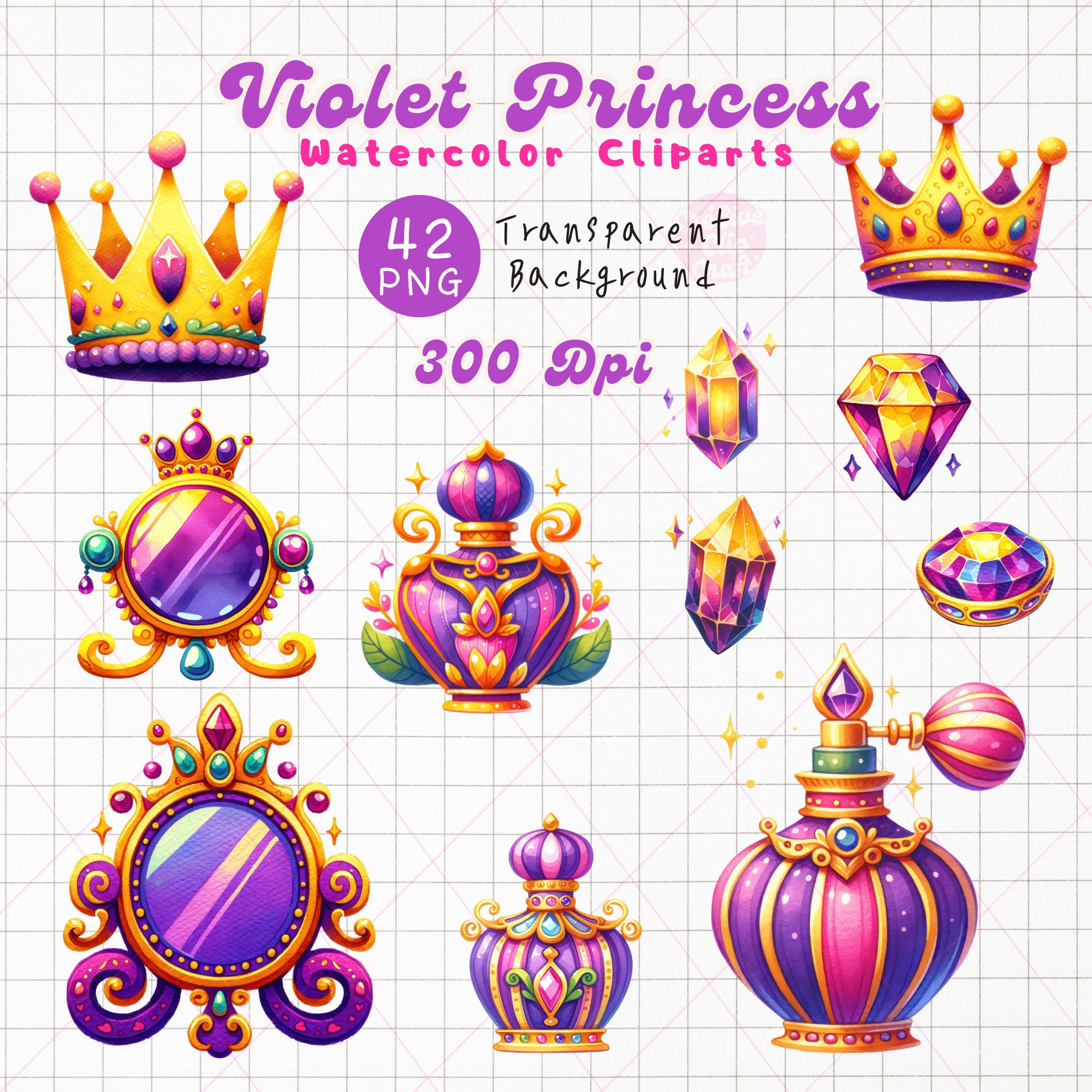 Violet Princess Watercolor Clipart Bundle Cute Princess Carriage Castle ...