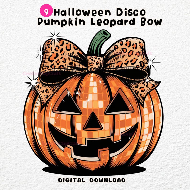 Halloween Disco Ball Pumpkin Leopard Coquette Bow Png, Jack-0-lantern ...