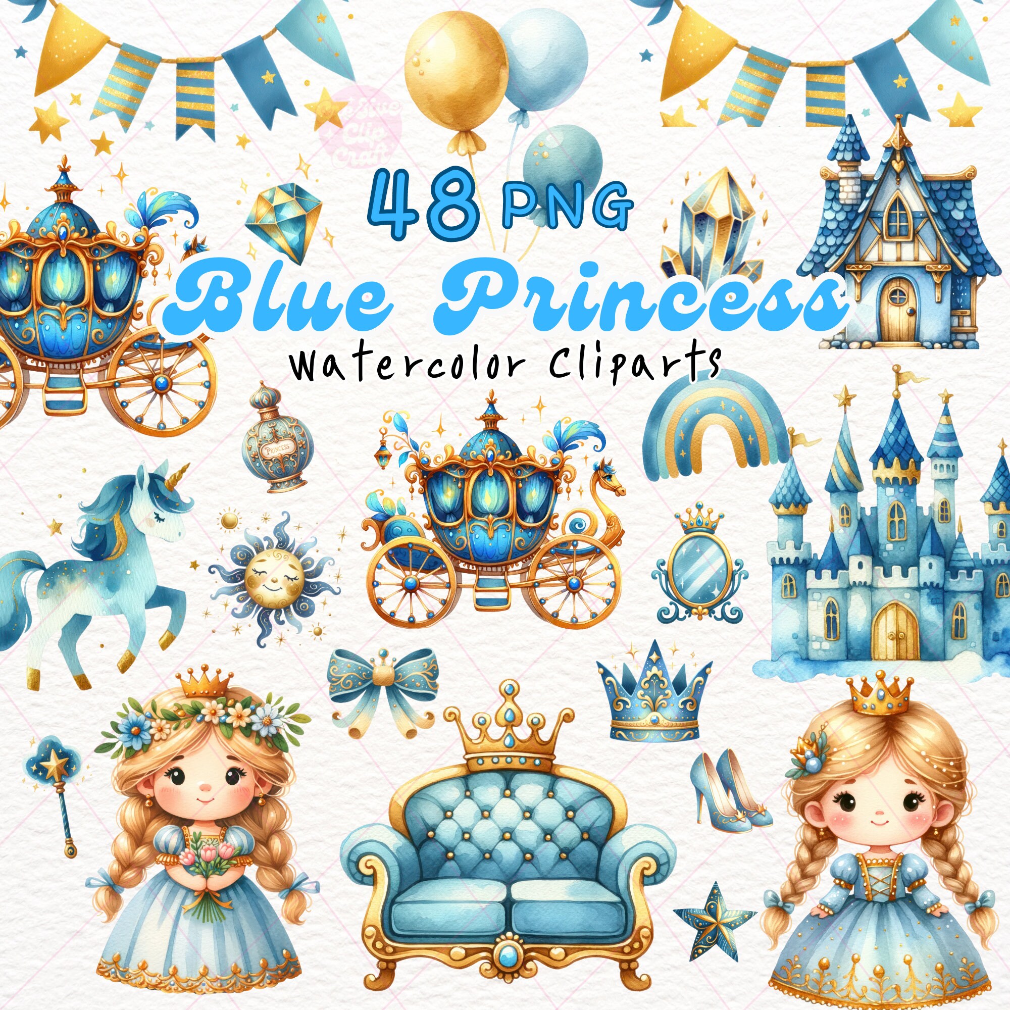 Blue Princess Watercolor Clipart Bundle Cute Princess Carriage Castle ...