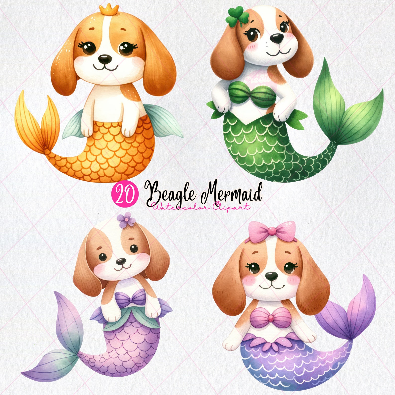 Beagle Mermaid Clipart, Dog Mermaid Watercolor Clipart, Puppy Mermaid ...