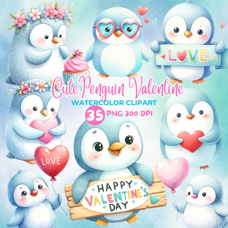 Valentine's Day Clipart, Valentine Cute Penguin Watercolor Clipart ...