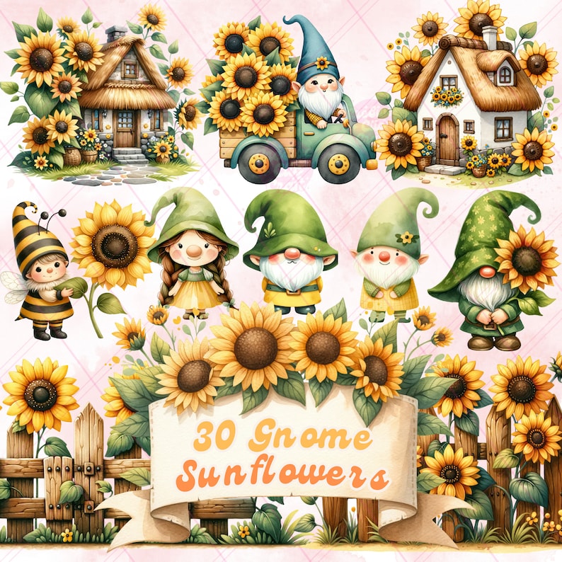Gnome Sunflowers Watercolor Clipart, Garden Clipart, Gardening Gnome ...