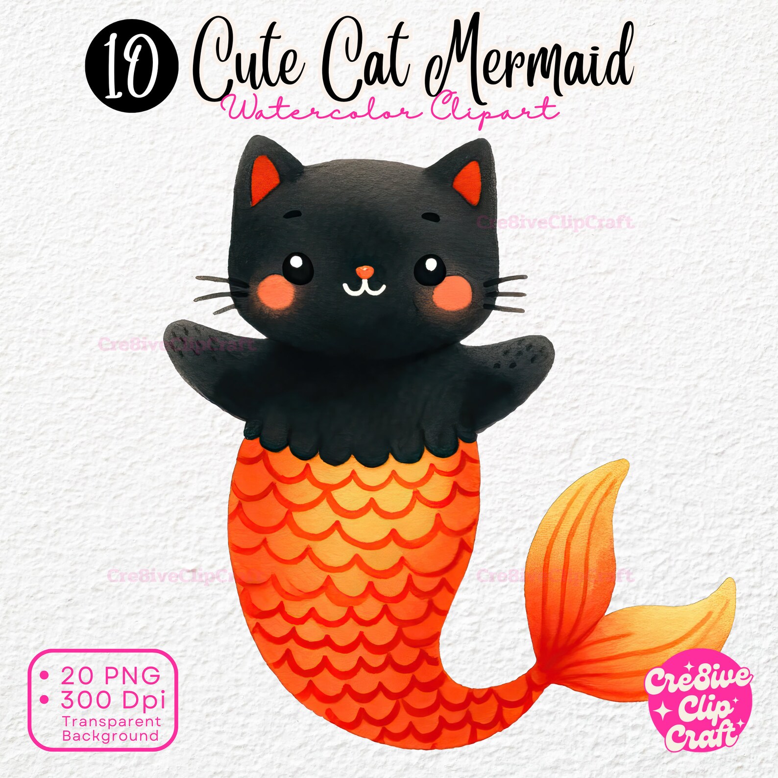Cute Cat Mermaid Watercolor Clipart, Meowmaid Clipart, Mermaid Kitty ...