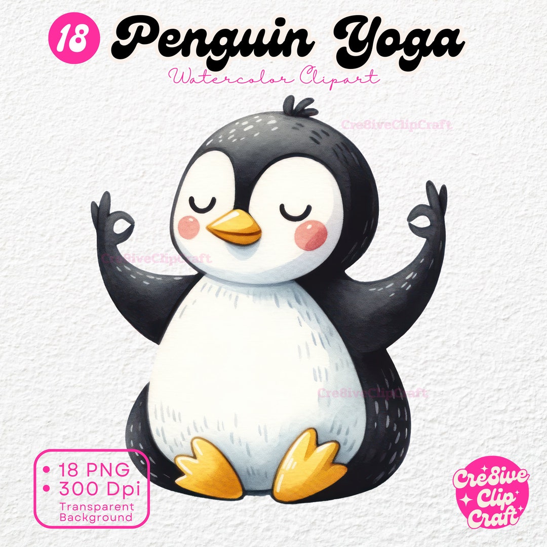 Cute Penguin Yoga Watercolor Clip Art, Yoga Poses, Baby Penguin Bundle ...
