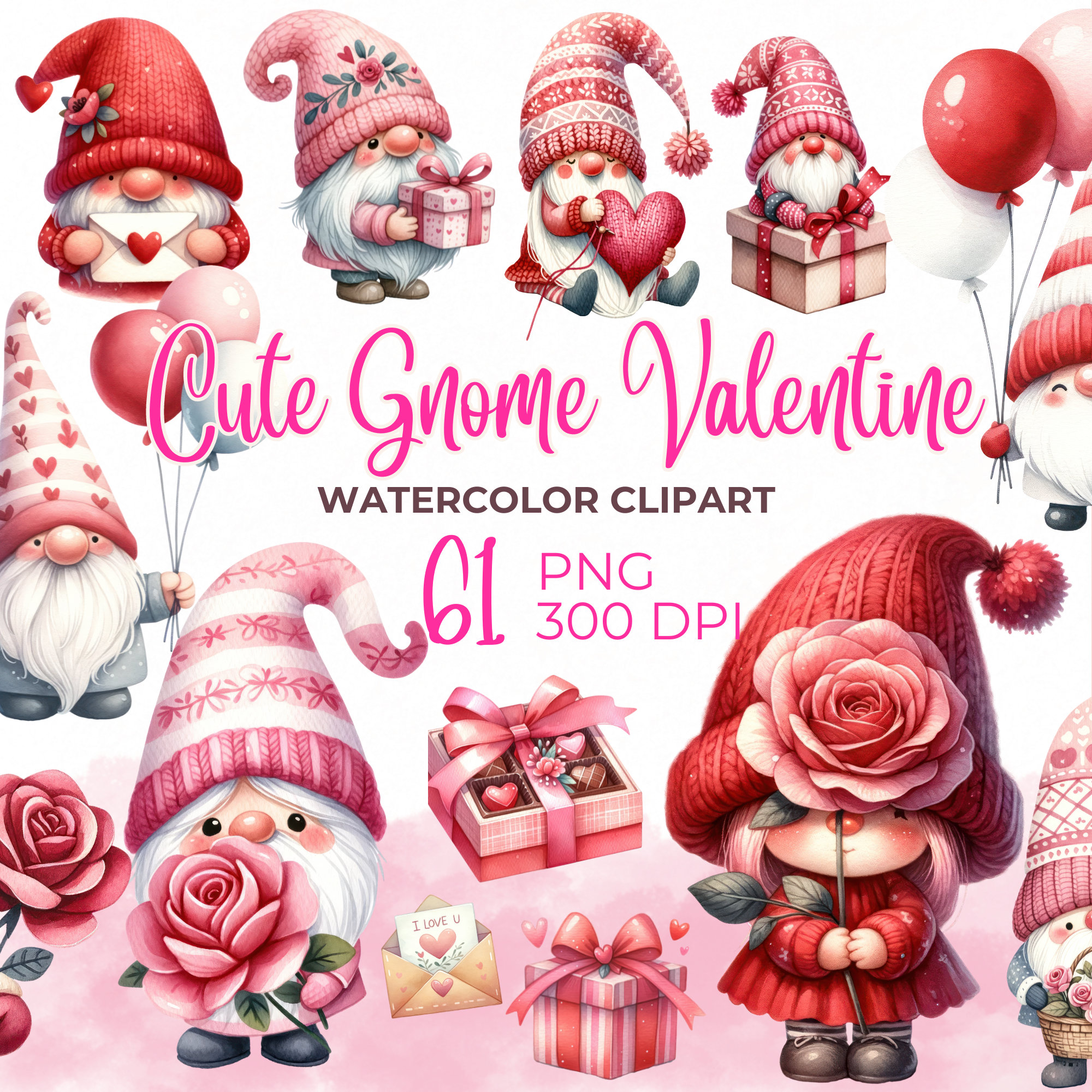 Valentine Gnome Watercolor Clipart, Valentine's Day Clipart, Cute Gnome ...