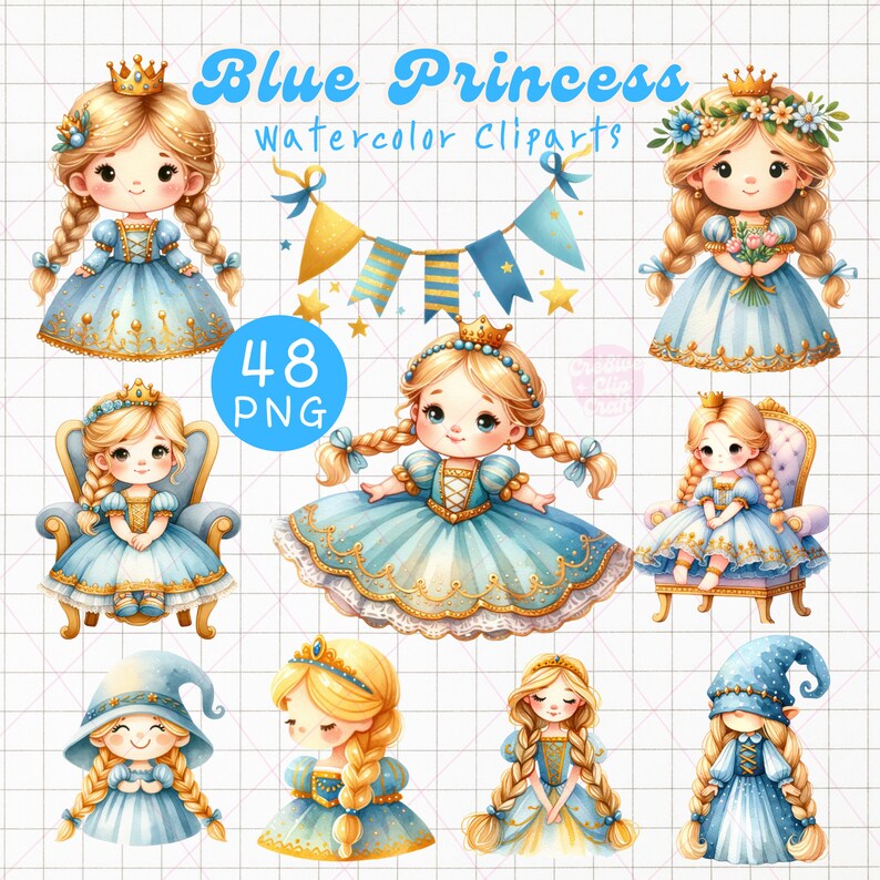 Blue Princess Watercolor Clipart Bundle Cute Princess Carriage Castle ...