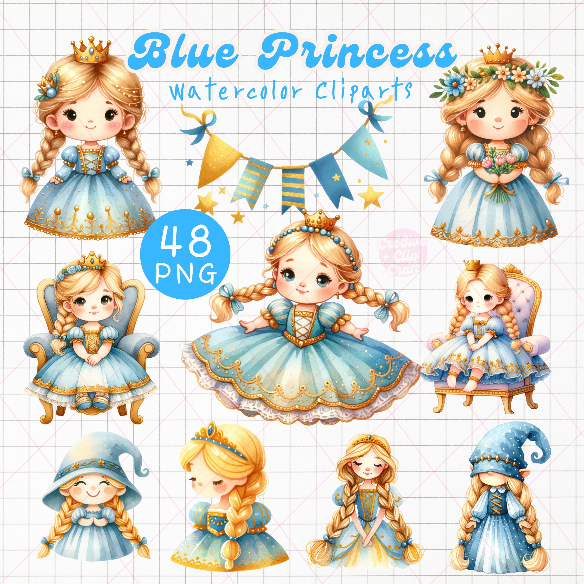Blue Princess Watercolor Clipart Bundle Cute Princess Carriage Castle ...