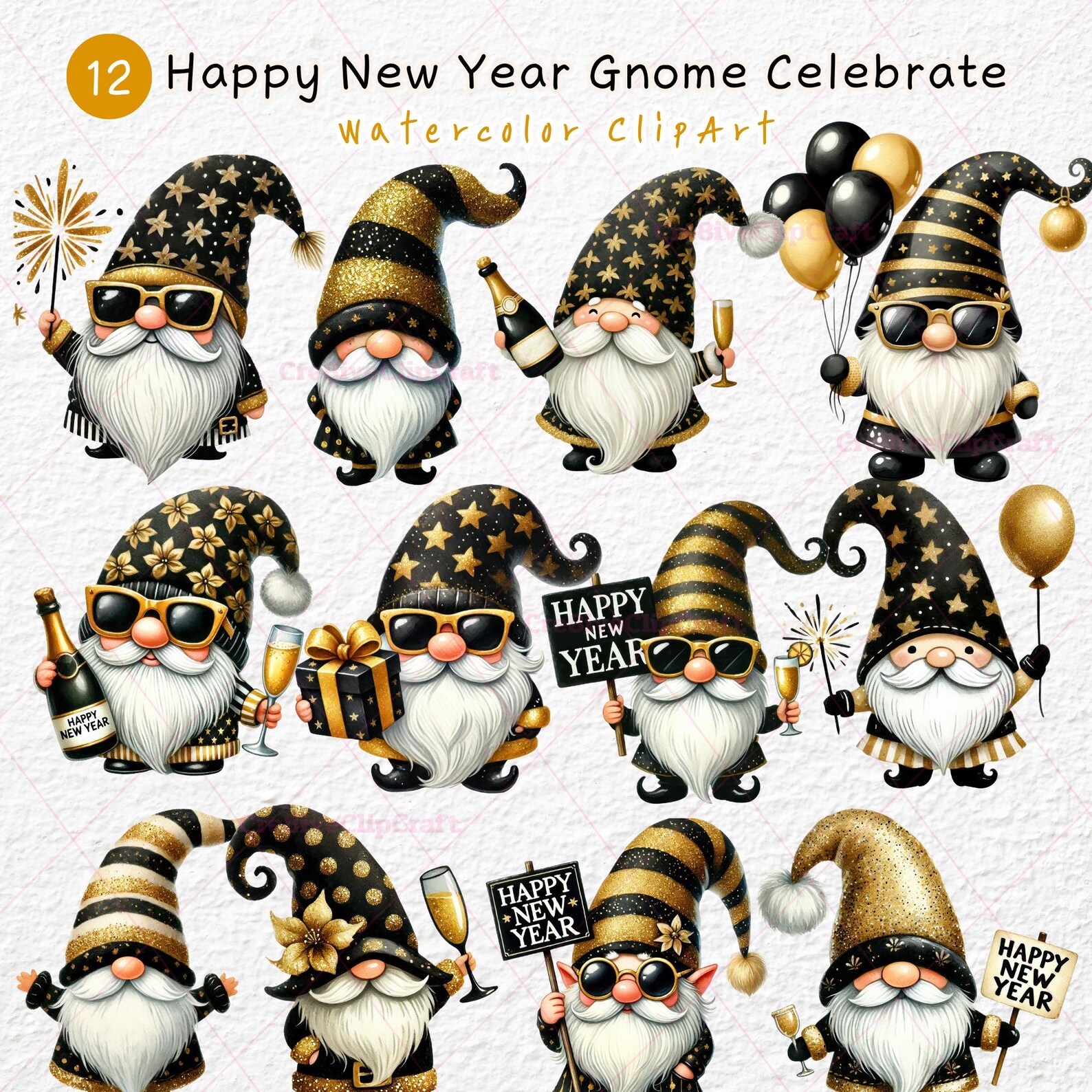 Happy New Year Gnome Celebrate PNG, Watercolor Gnomes PNG, New Year ...