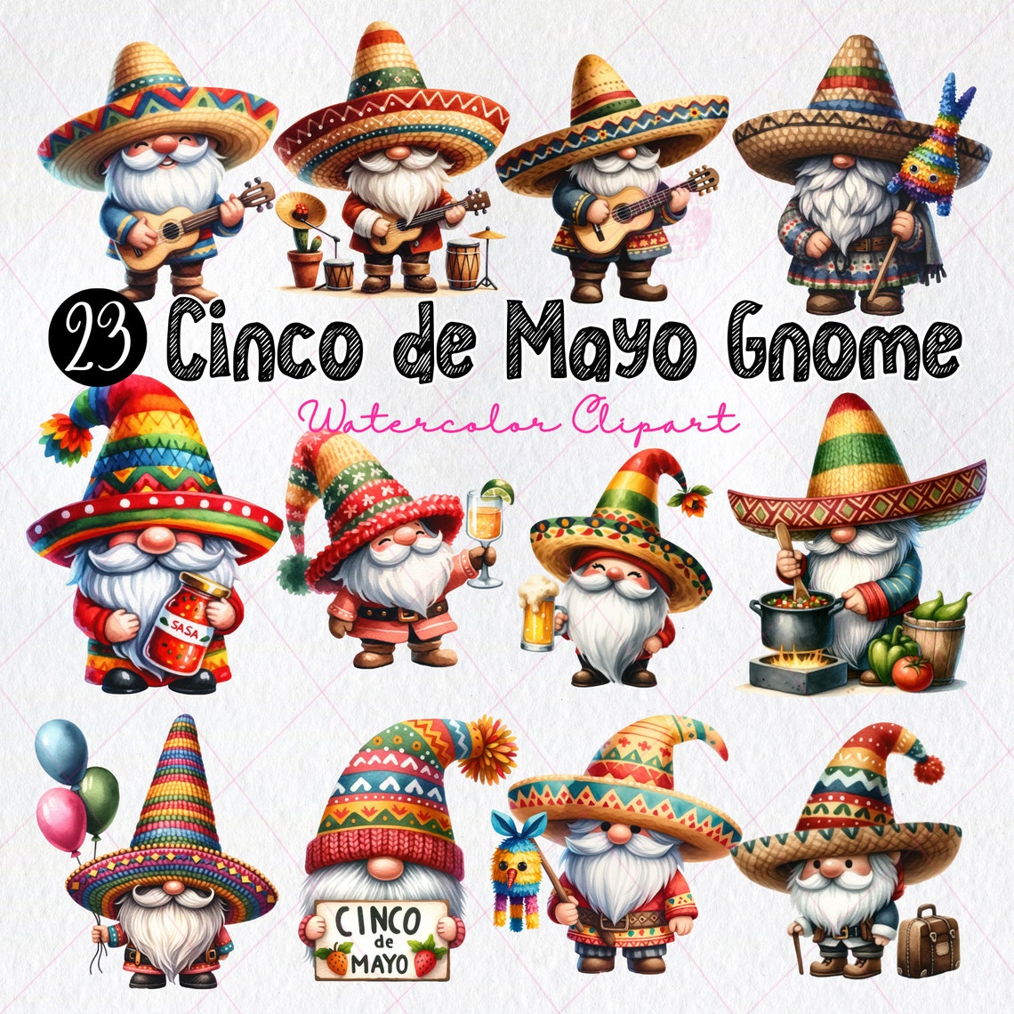 Cinco De Mayo Gnome Clipart, Watercolor Gnome Clipart, Happy Cinco De ...