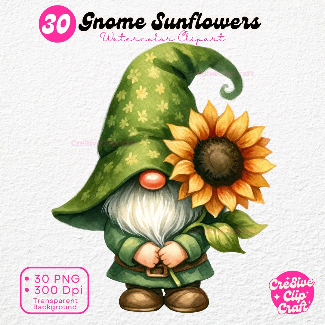 Gnome Sunflowers Watercolor Clipart, Garden Clipart, Gardening Gnome ...