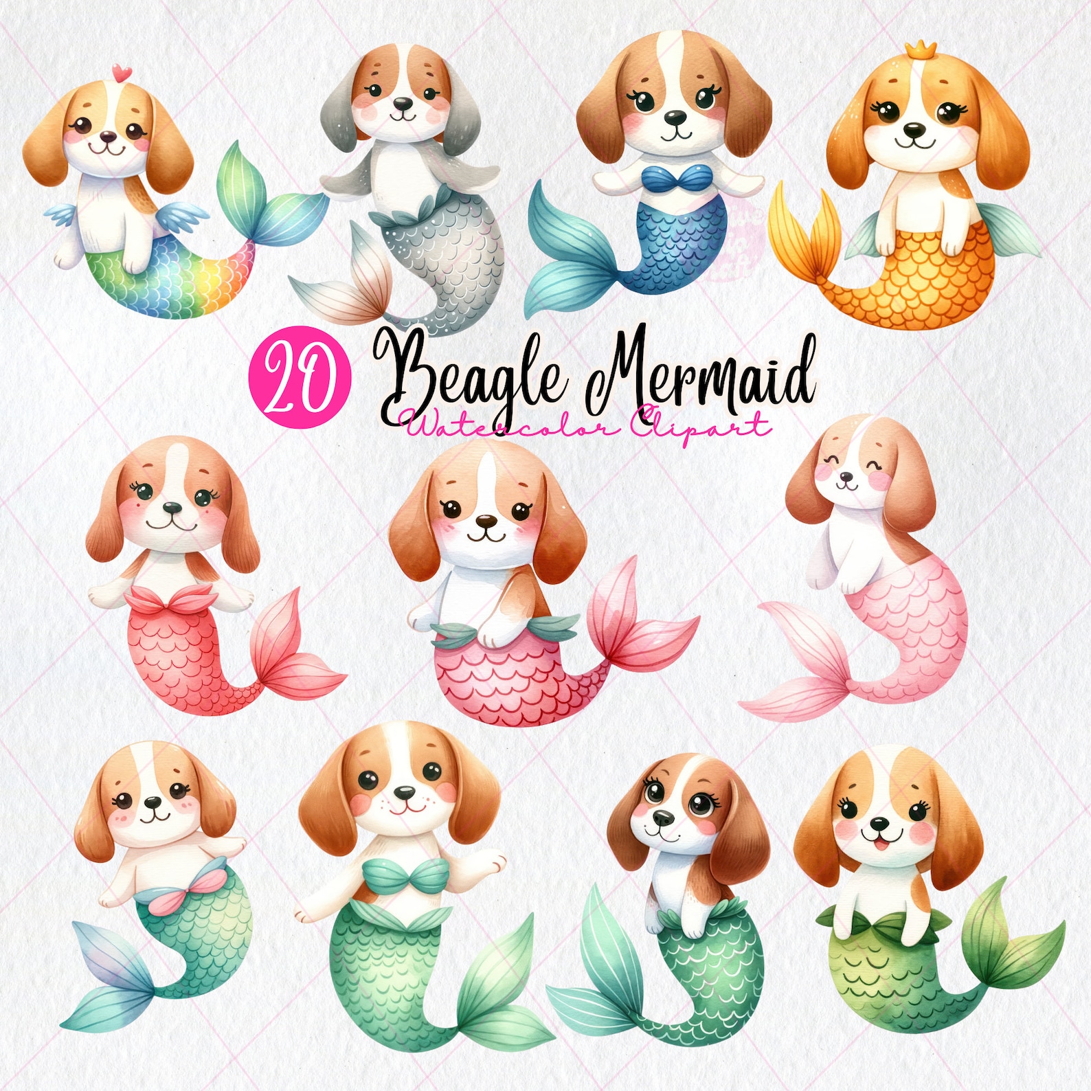 Beagle Mermaid Clipart, Dog Mermaid Watercolor Clipart, Puppy Mermaid ...