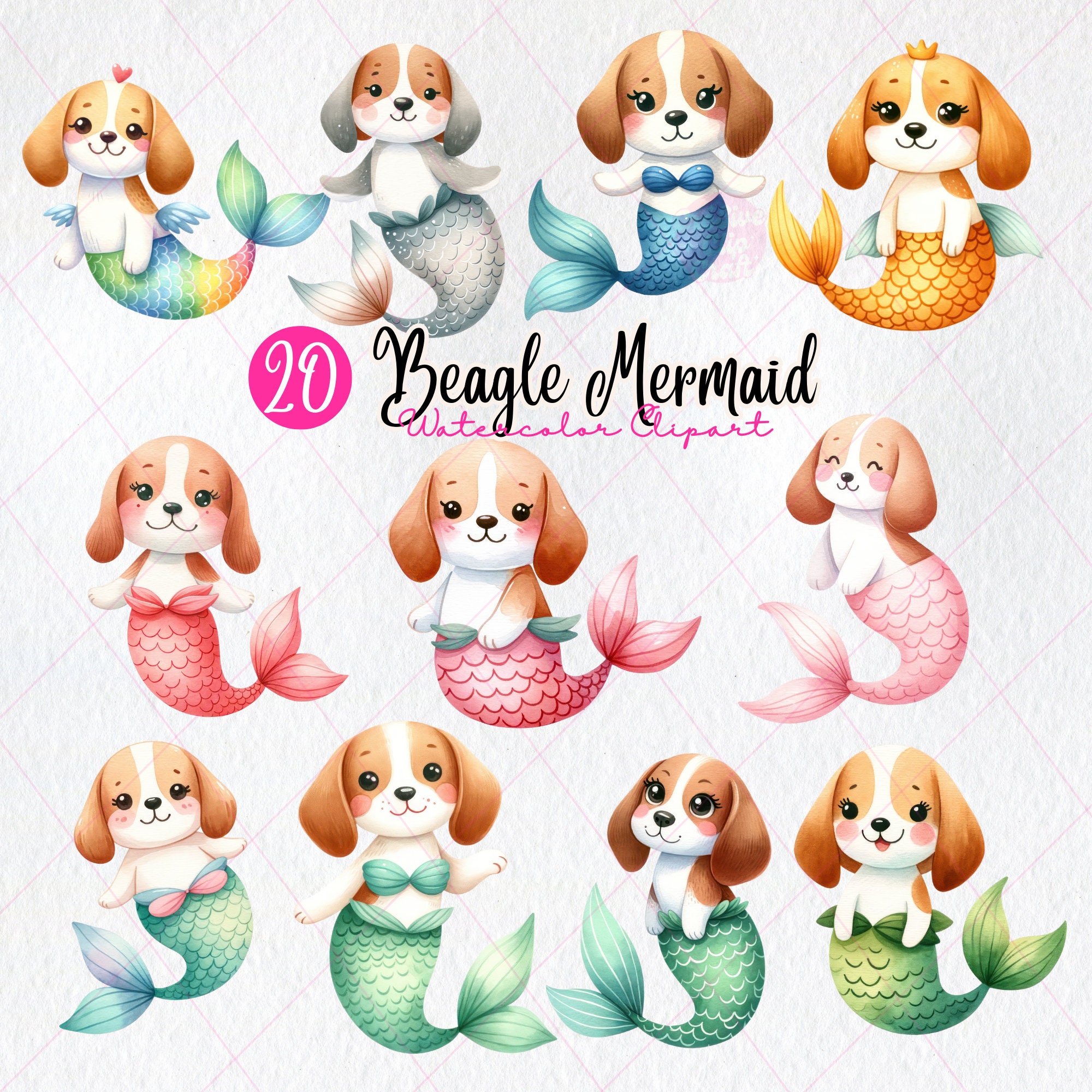 Beagle Mermaid Clipart, Dog Mermaid Watercolor Clipart, Puppy Mermaid ...