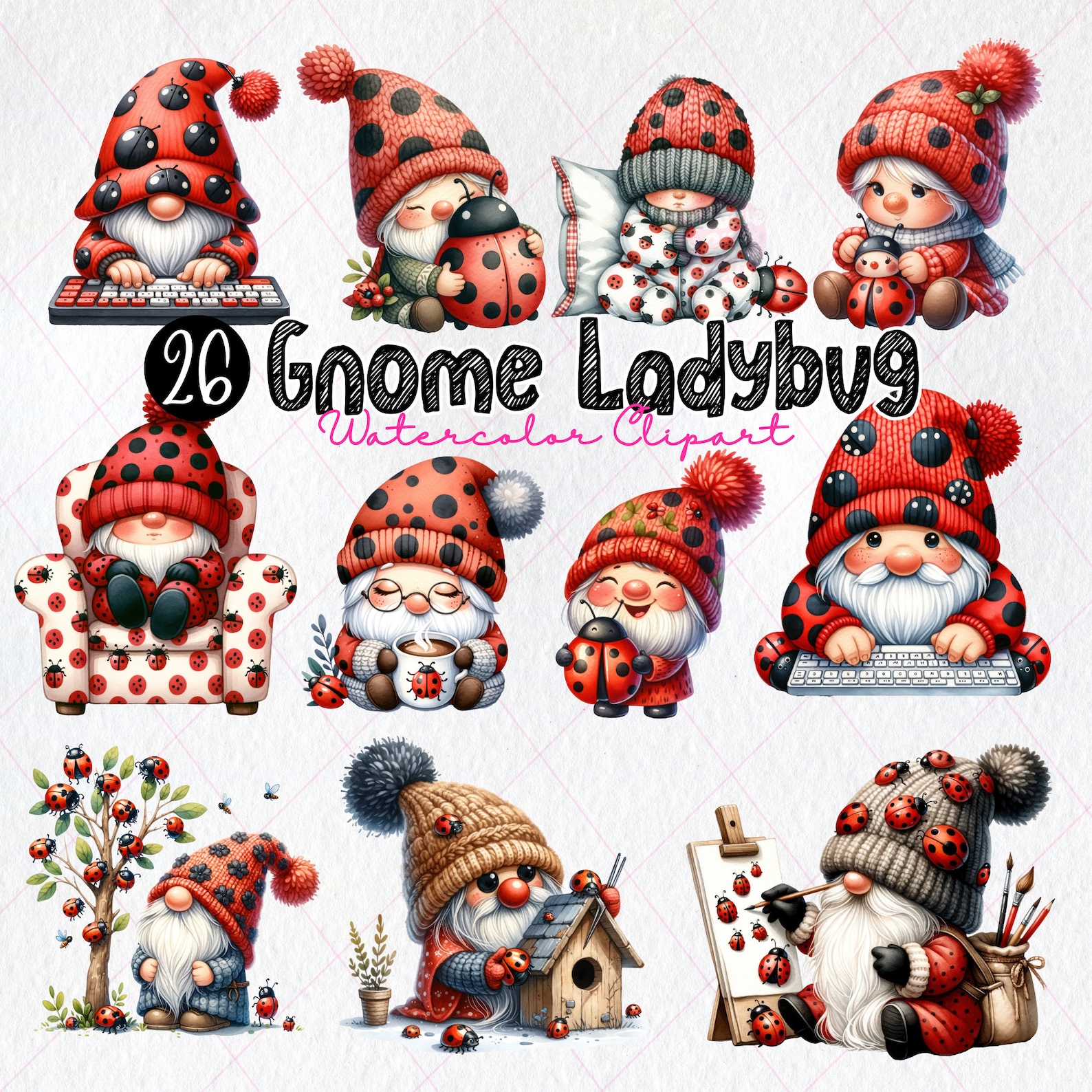 Gnome Ladybug Watercolor Clipart, Ladybug PNG, Gnome Clipart, Spring ...