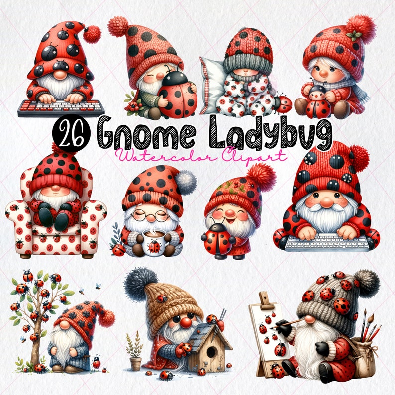 Gnome Ladybug Watercolor Clipart, Ladybug PNG, Gnome Clipart, Spring ...