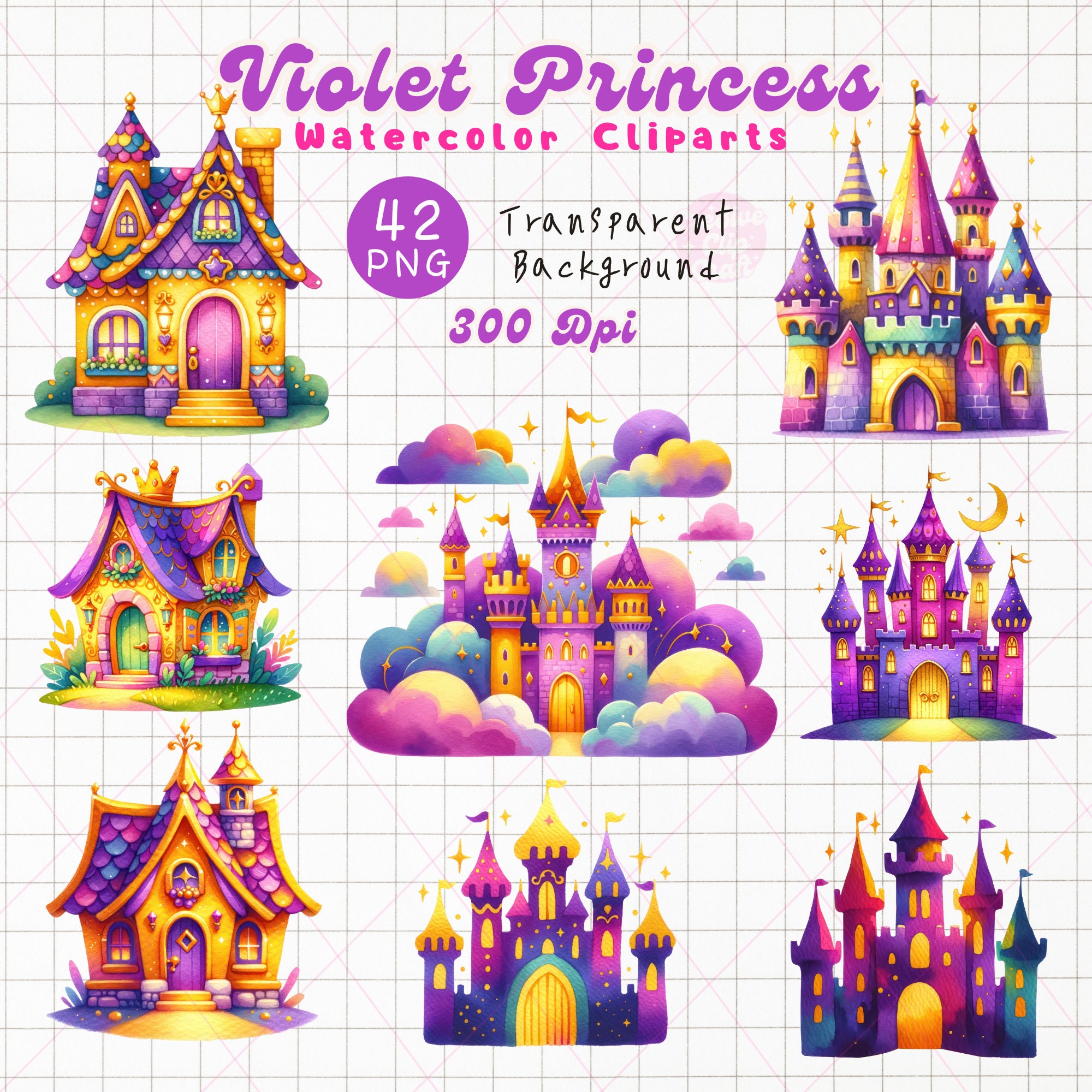 Violet Princess Watercolor Clipart Bundle Cute Princess Carriage Castle ...