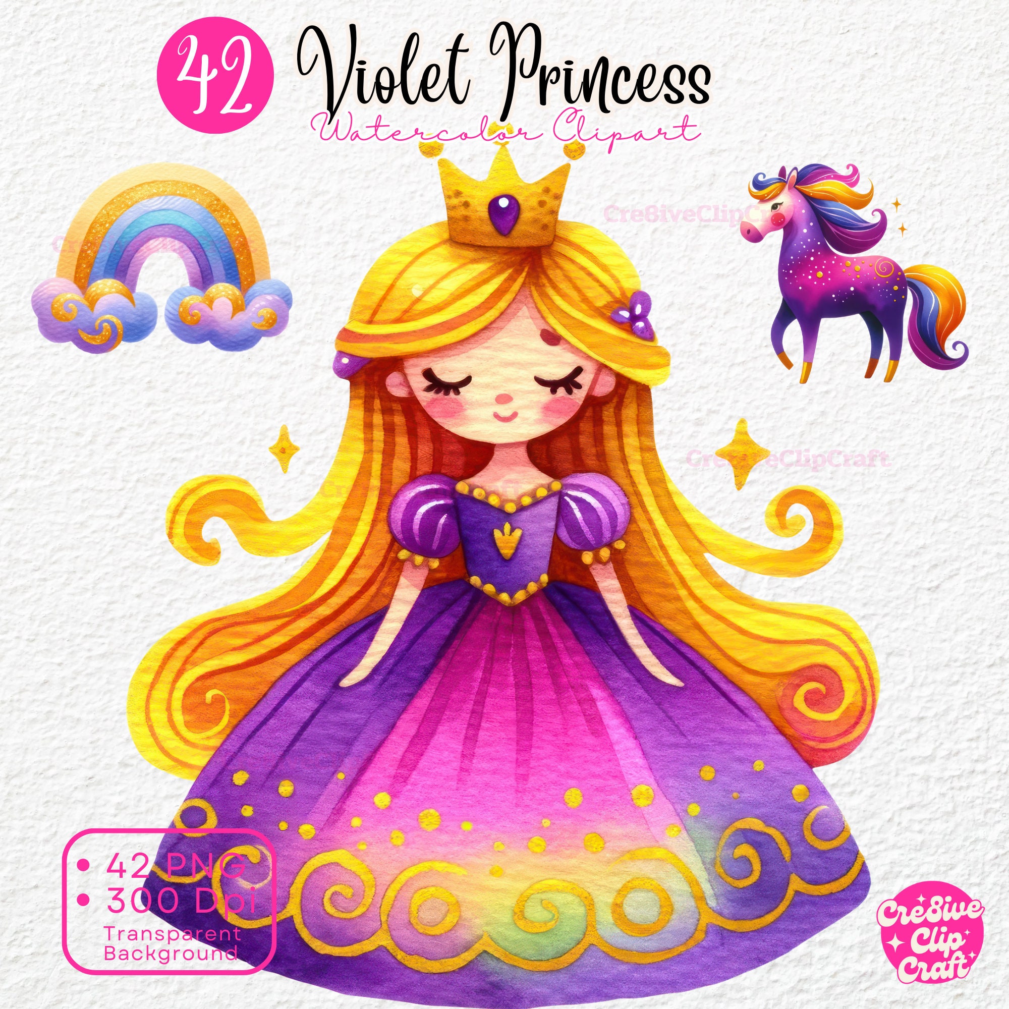 Violet Princess Watercolor Clipart Bundle Cute Princess Carriage Castle ...