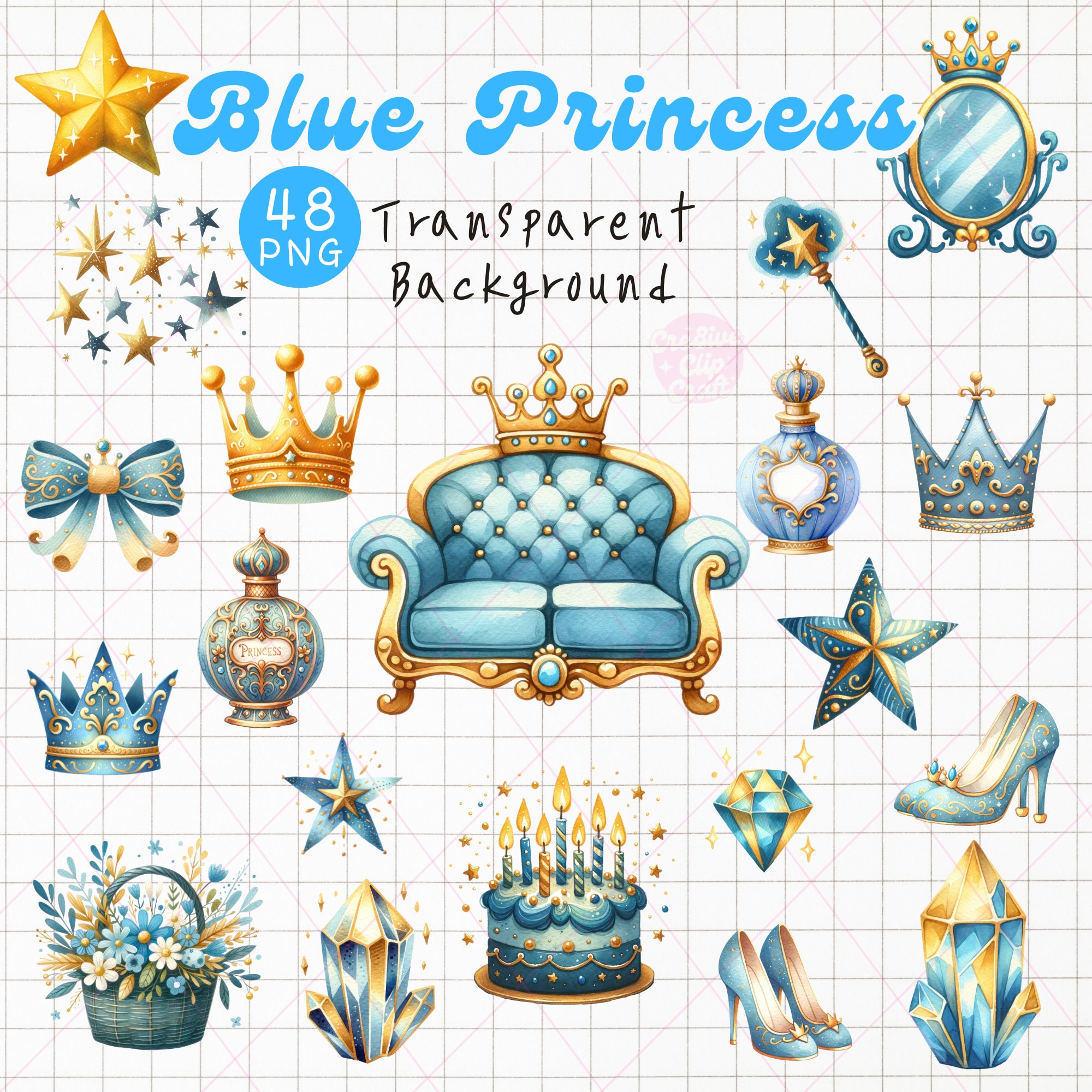 Blue Princess Watercolor Clipart Bundle Cute Princess Carriage Castle ...