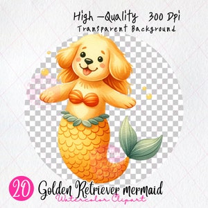 Golden Retriever, Dog Mermaid Watercolor Clipart, Puppy Mermaid Clipart ...