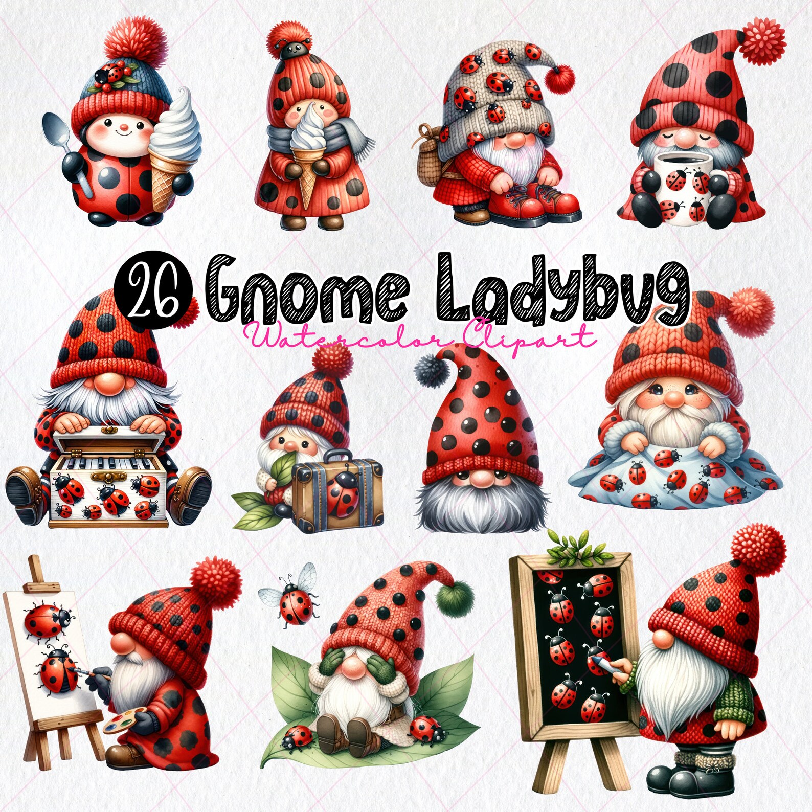 Gnome Ladybug Watercolor Clipart, Ladybug PNG, Gnome Clipart, Spring ...