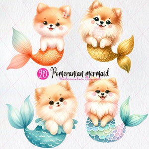 Pomeranian, Dog Mermaid Watercolor Clipart, Puppy Mermaid Clipart ...
