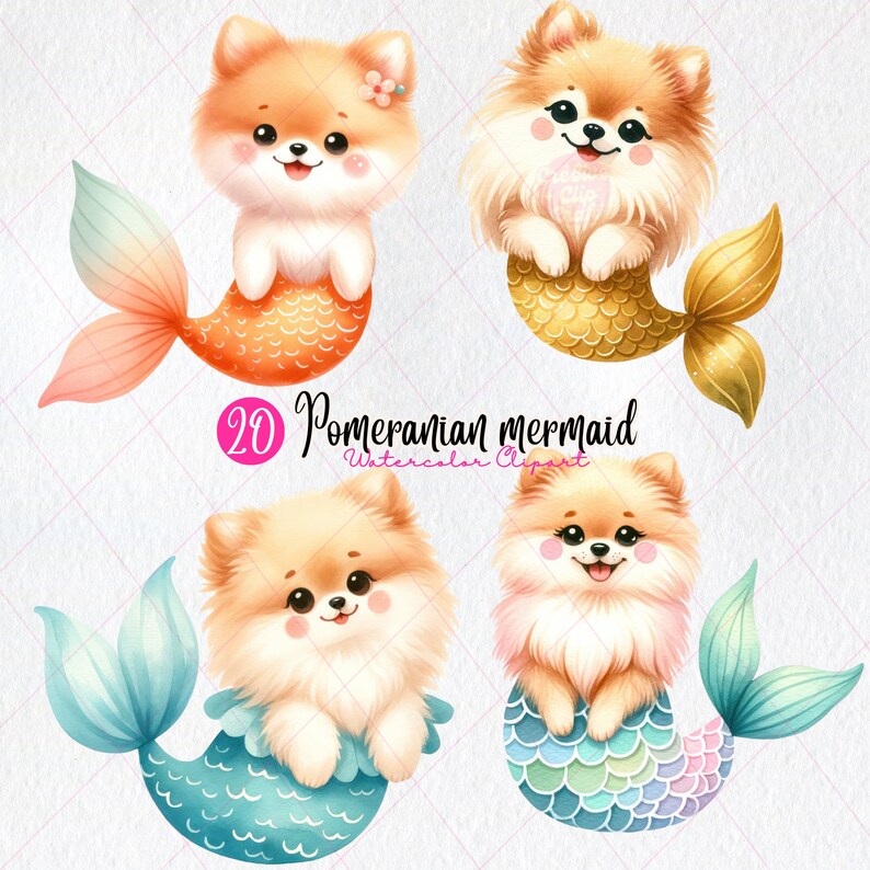 Pomeranian, Dog Mermaid Watercolor Clipart, Puppy Mermaid Clipart ...