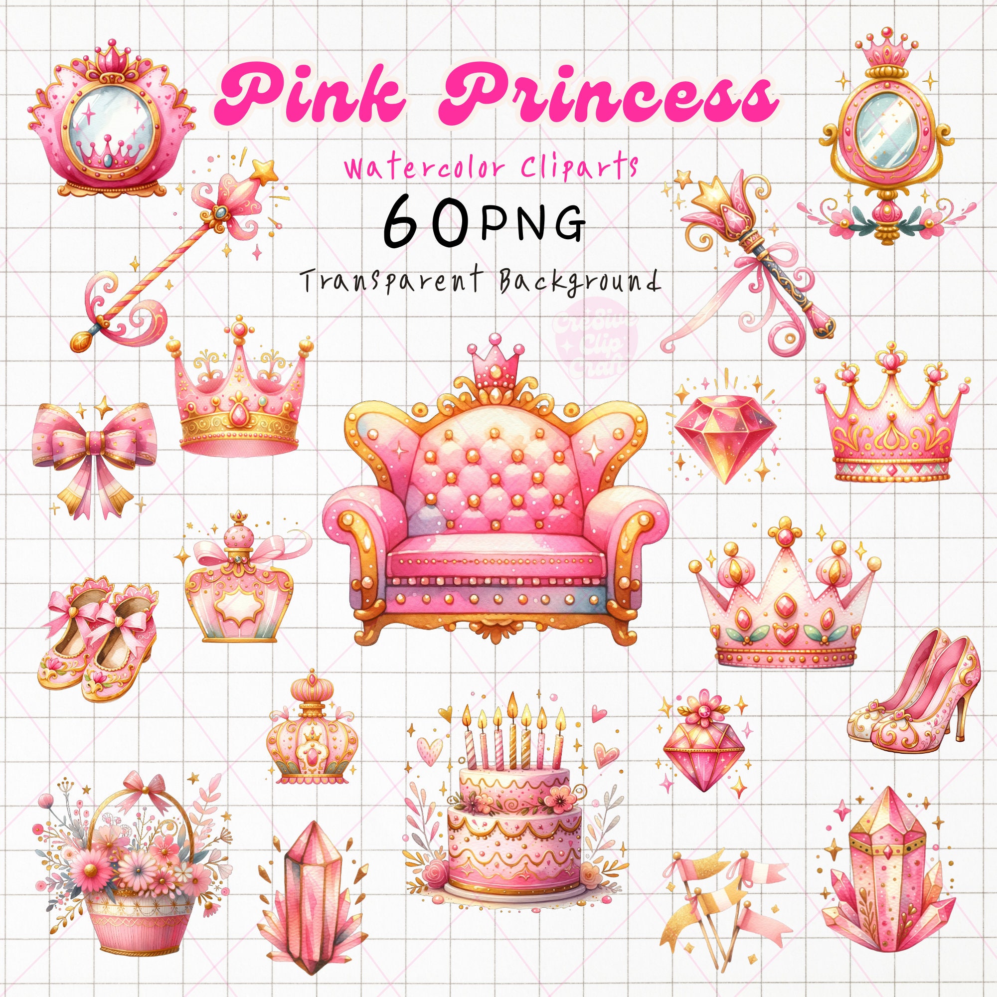 Pink Princess Watercolor Clipart Bundle Cute Princess Carriage Castle ...
