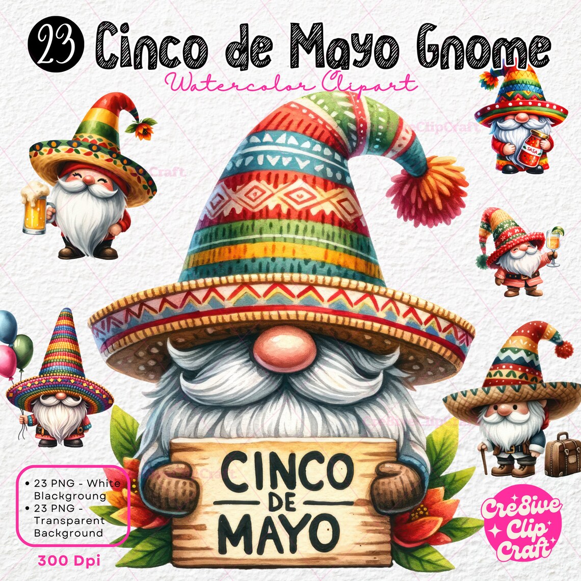 Cinco De Mayo Gnome Clipart, Watercolor Gnome Clipart, Happy Cinco De ...