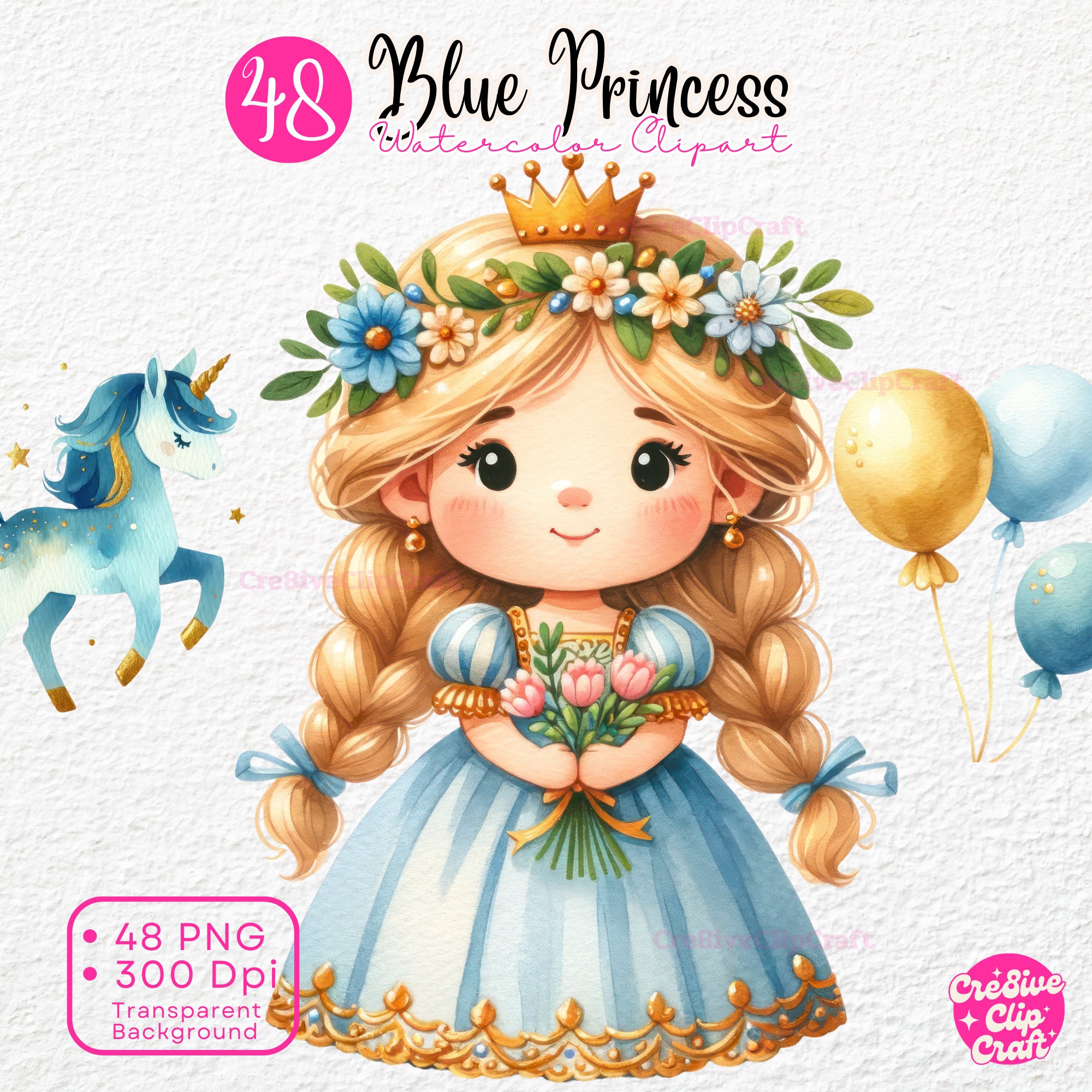 Blue Princess Watercolor Clipart Bundle Cute Princess Carriage Castle ...