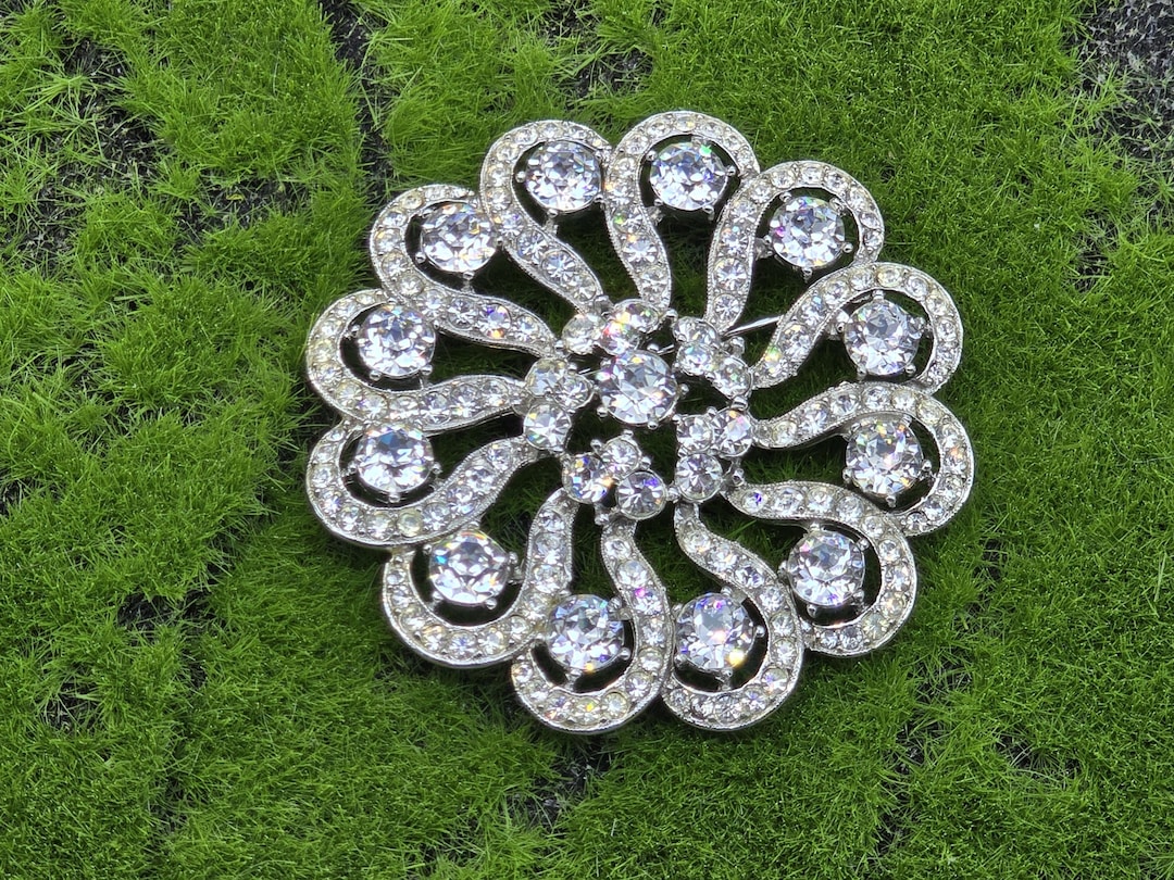 Vintage Bogoff Brooch, Large Crystal Round Brooch, Pinwheel Flower ...