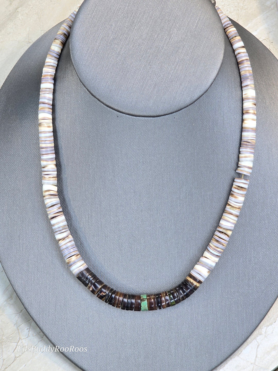 Vintage Pen and Olive Shell Heishi Necklace, Silver Turquoise Graduated ...