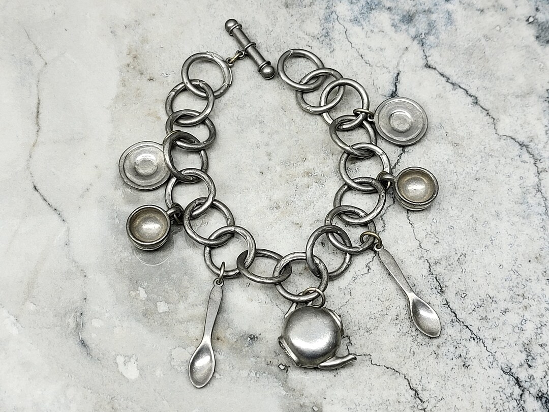 Vintage Jim Clift Charm Bracelet, Tea for Two Pewter Charm Bracelet ...