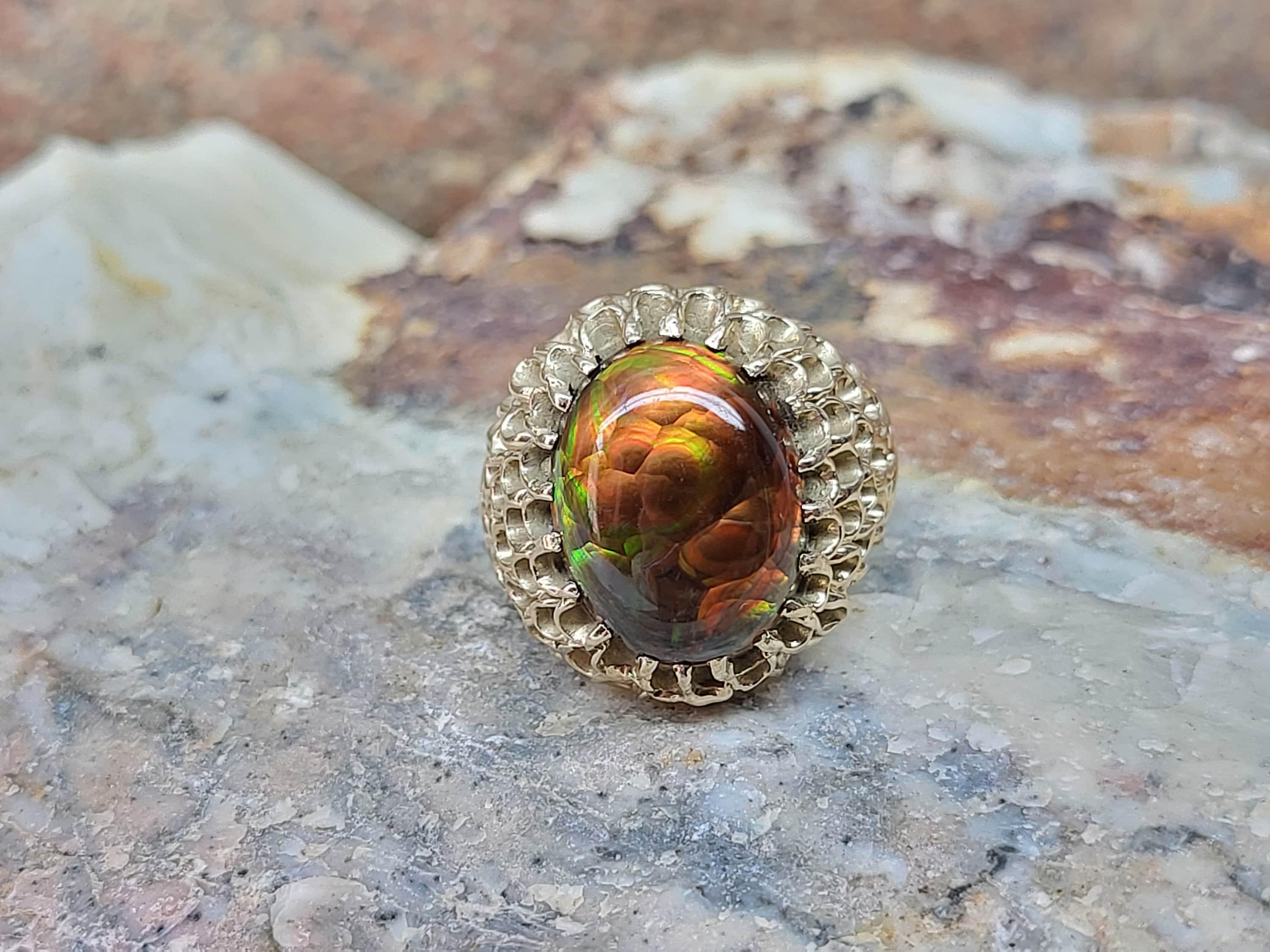 Vintage 18K Gold Fire Agate Cabochon Ring, Vintage Fire Agate Statement ...