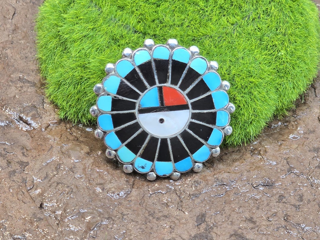 Vintage Zuni Sunface Brooch, Sterling Silver Turquoise and Onyx Inlay ...
