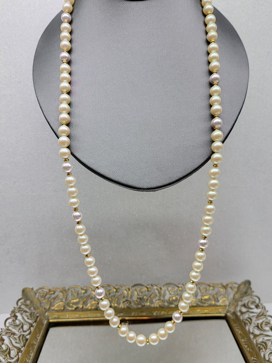Vintage Monet Pearl Necklace, Monet Faux Pearl Gold Bead Long Necklace ...