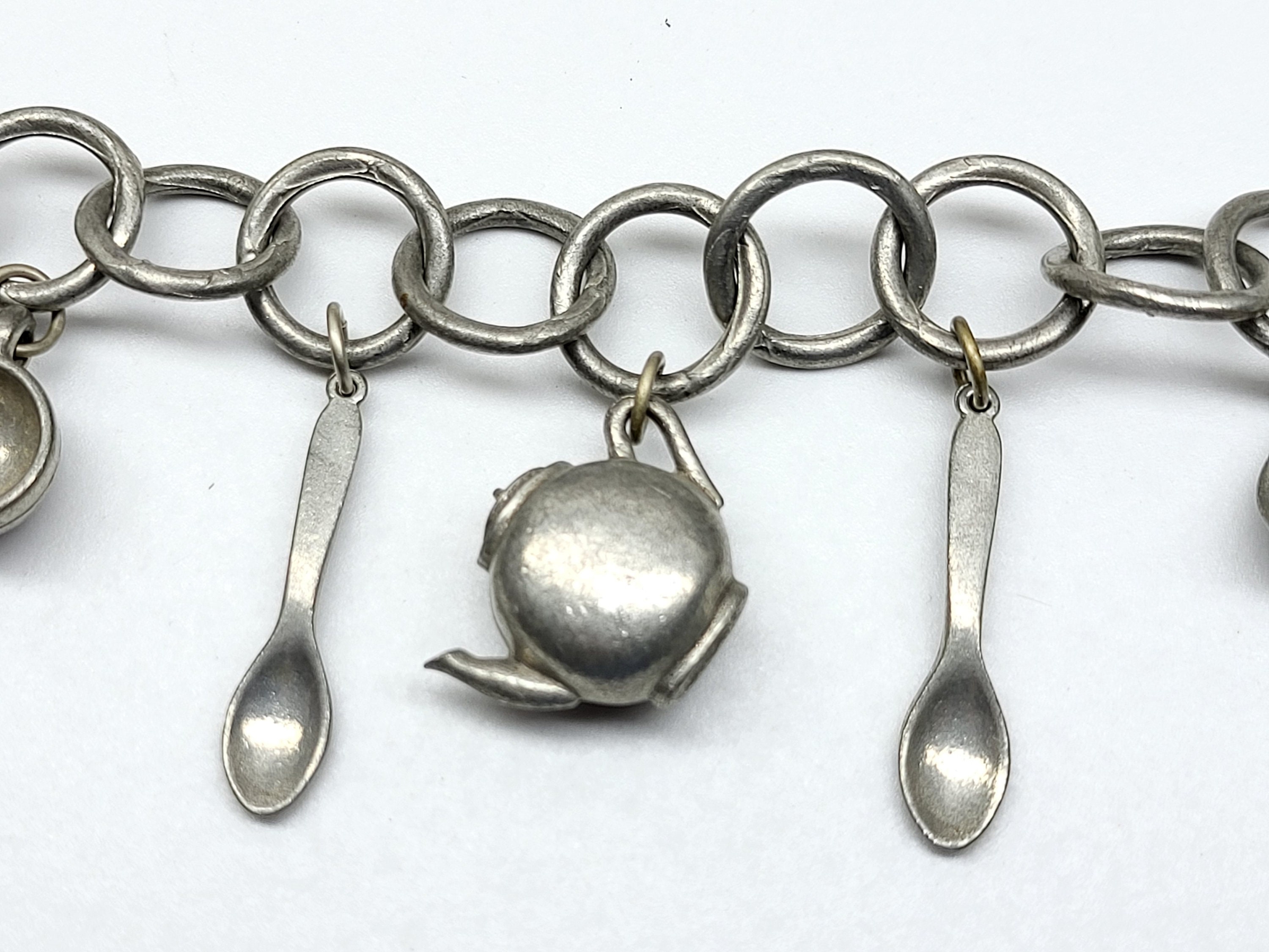 Vintage Jim Clift Charm Bracelet, Tea for Two Pewter Charm Bracelet ...