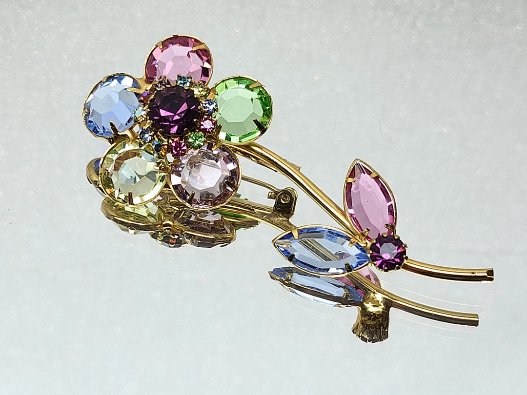 Vintage Crystal Flower Brooch, Pastel Crystal Brooch, Gold Tone Flower ...