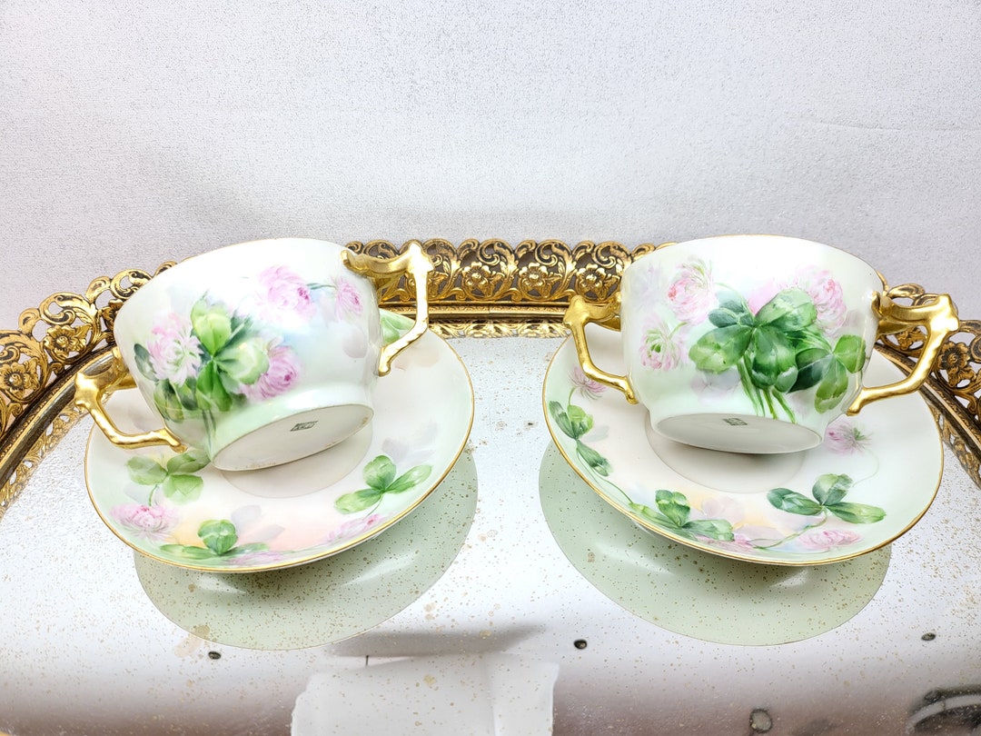 Antique T&V Limoges Tea Cup, Green, Tressemann and Vogt Double Handled ...
