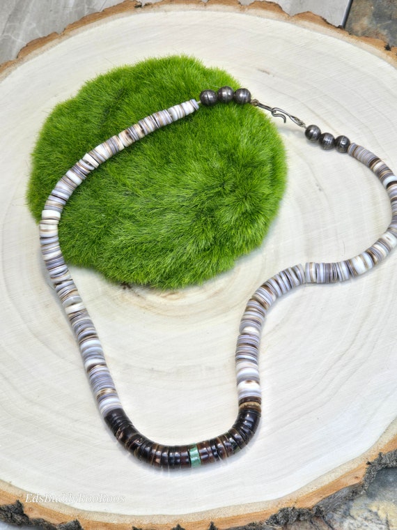 Vintage Pen and Olive Shell Heishi Necklace, Silver T… - Gem
